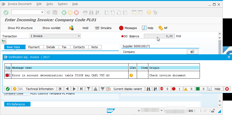 Mensaje de error FF709 en la determinación de la cuenta: tabla T030K